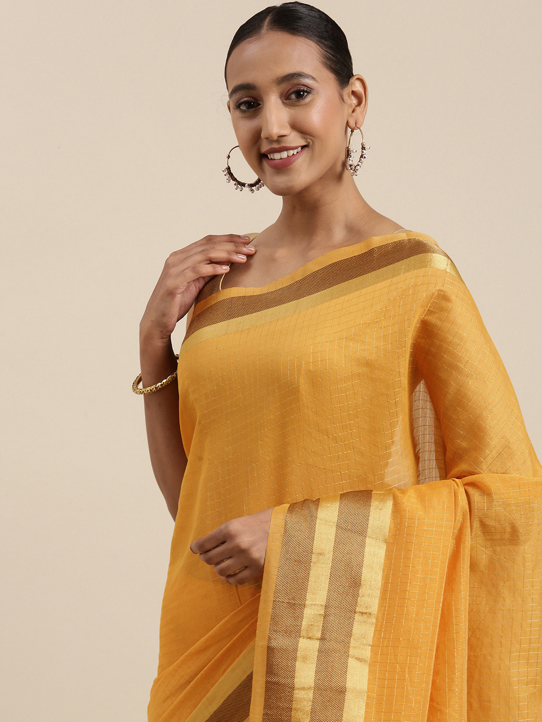 Buy Shaily Mustard Yellow Woven Checked Saree - Sarees for Women ...