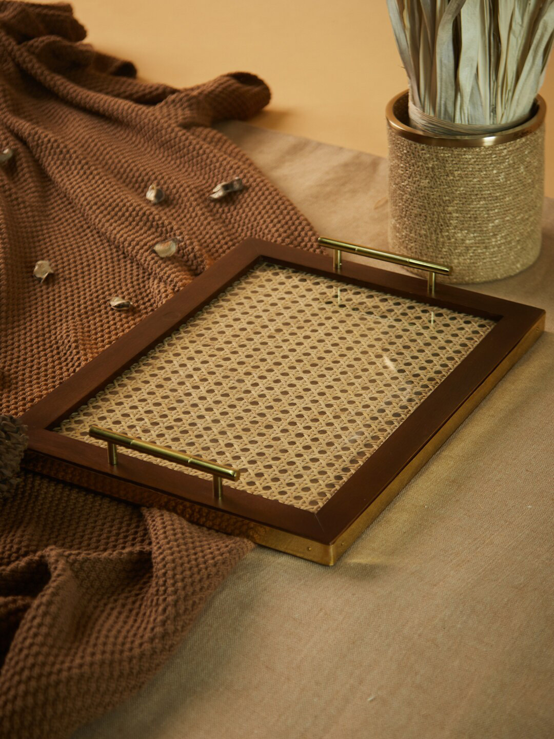 Buy Fabindia Brown Solid Ayira Cane & Wood Large Tray - Serving Tray ...