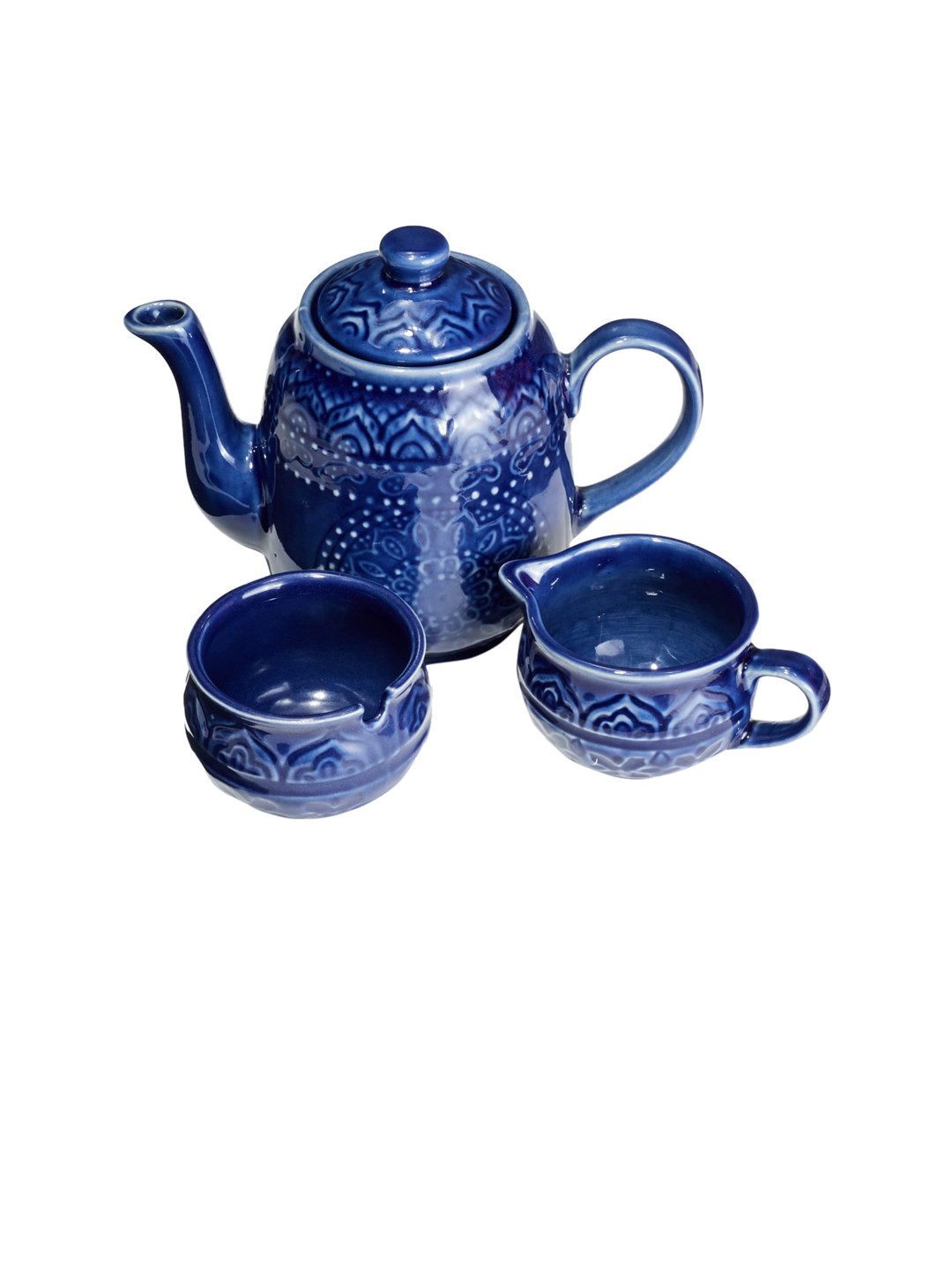 Buy Fabindia Blue Embossed Ceramic Matte Kettle Set Of Cups - Cups And ...