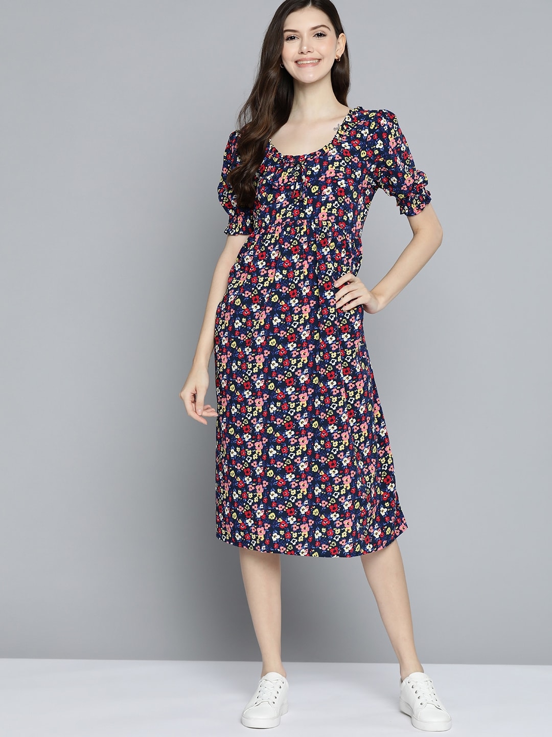 Buy Mast And Harbour Navy Blue And Yellow Floral A Line Midi Dress