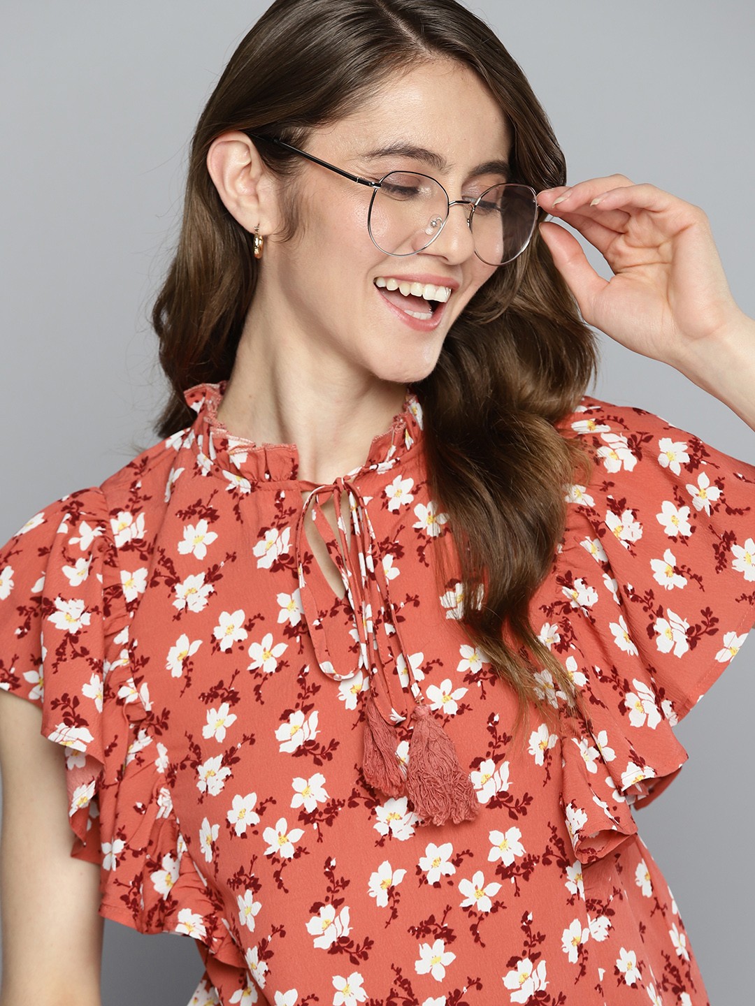 Buy Mast And Harbour Rust Red And White Floral Print Tie Up Neck Ruffles