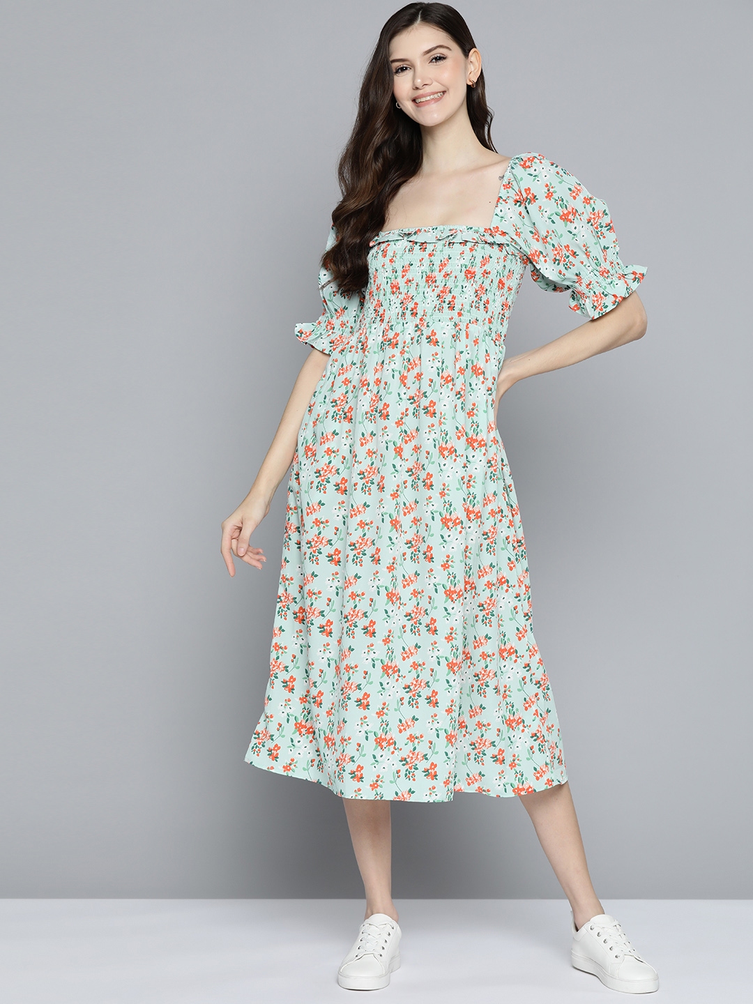 Buy Mast And Harbour Turquoise Blue And Orange Floral A Line Midi Dress