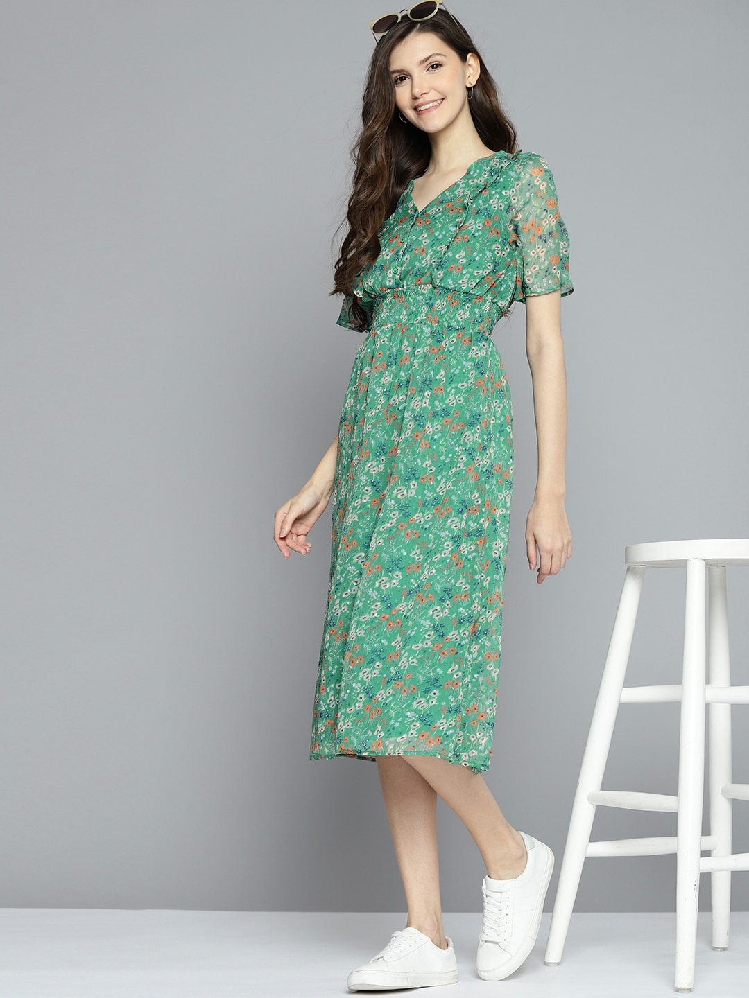 Buy Mast And Harbour Green And Rust Orange Floral Print Ruffled A Line Midi