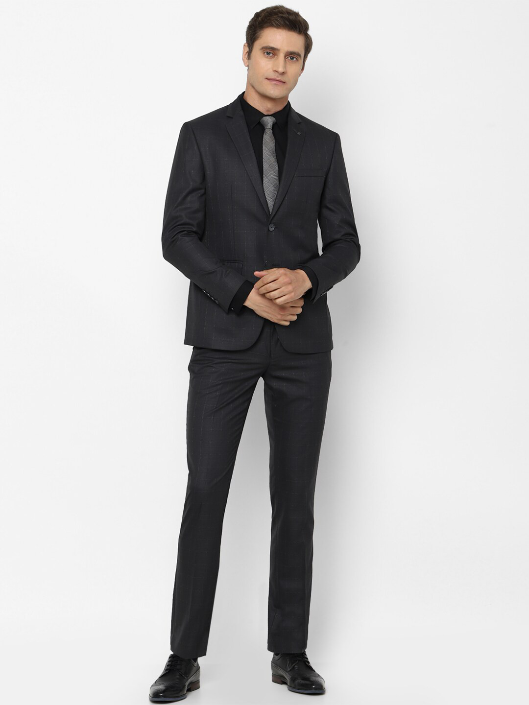 Buy Louis Philippe Men Charcoal Grey Checked Slim Fit Single Breasted ...