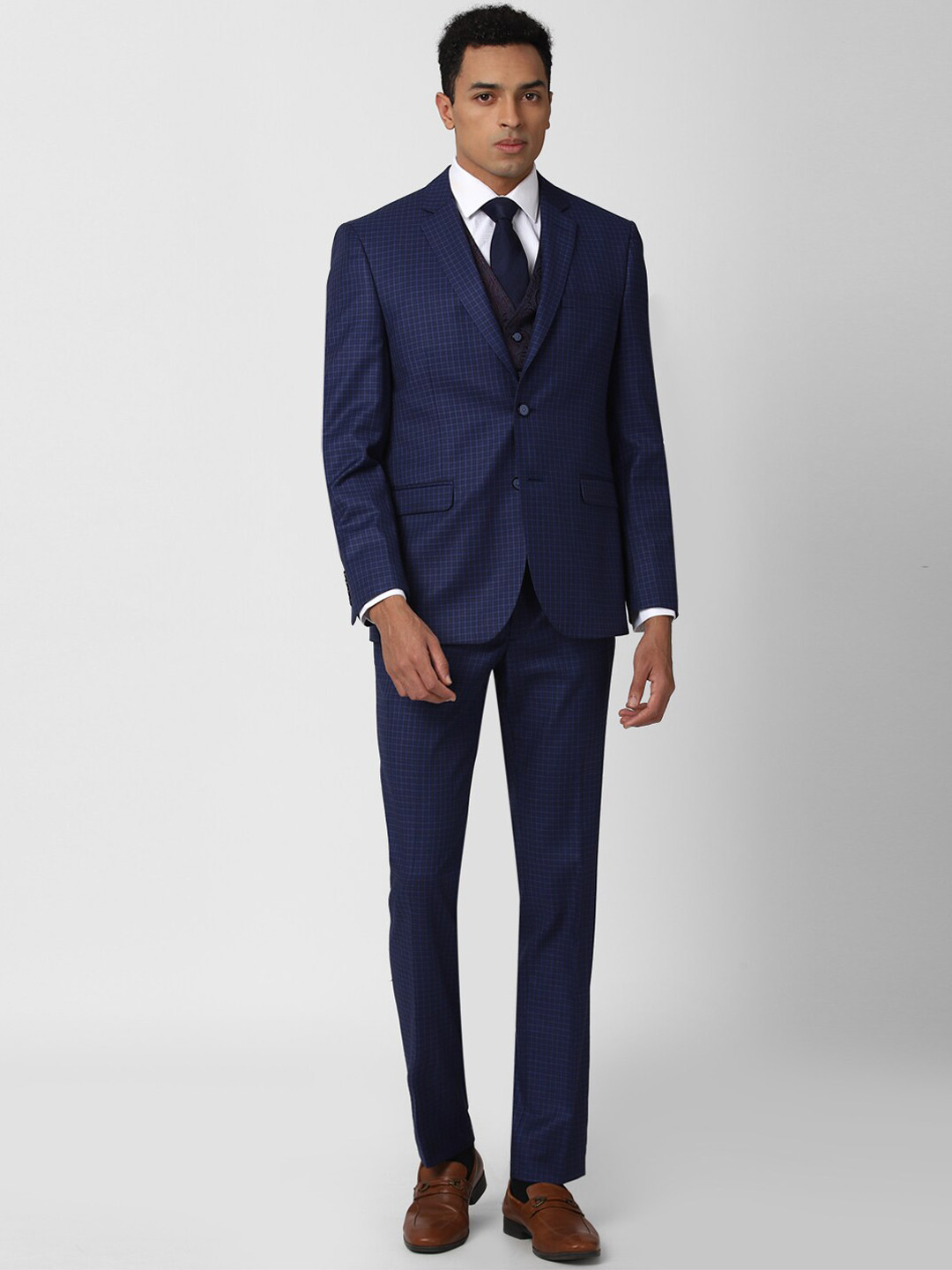 Buy Van Heusen Men Navy Blue & Black Checked Slim Fit Single Breasted ...