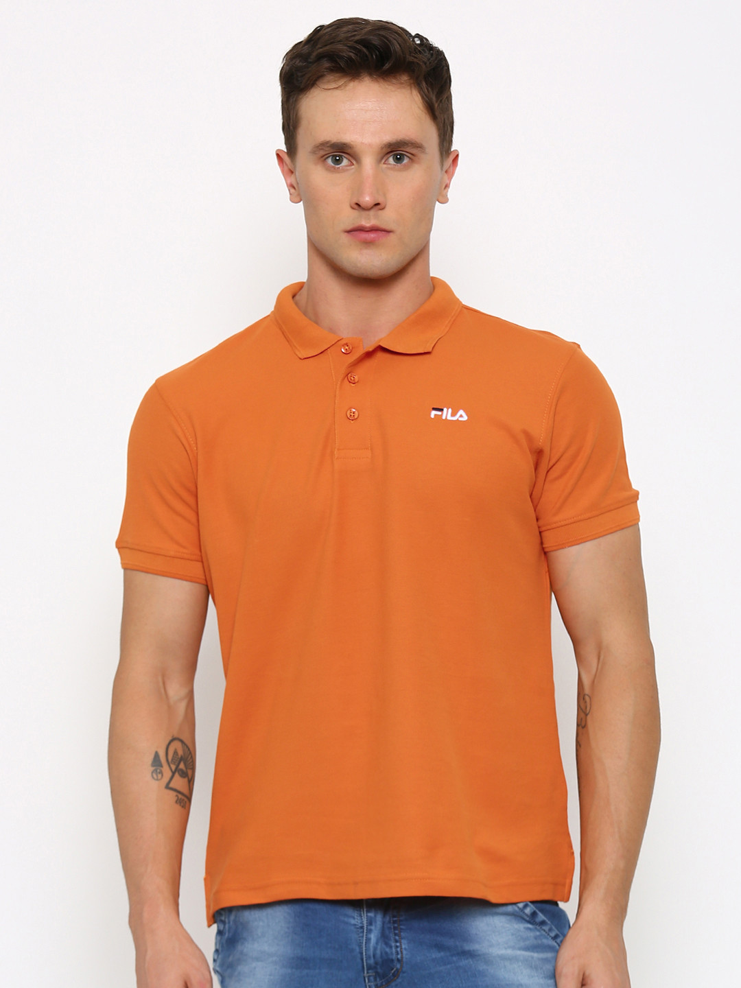 Buy FILA Men Orange Solid Polo Collar Slim Pure Cotton T Shirt ...