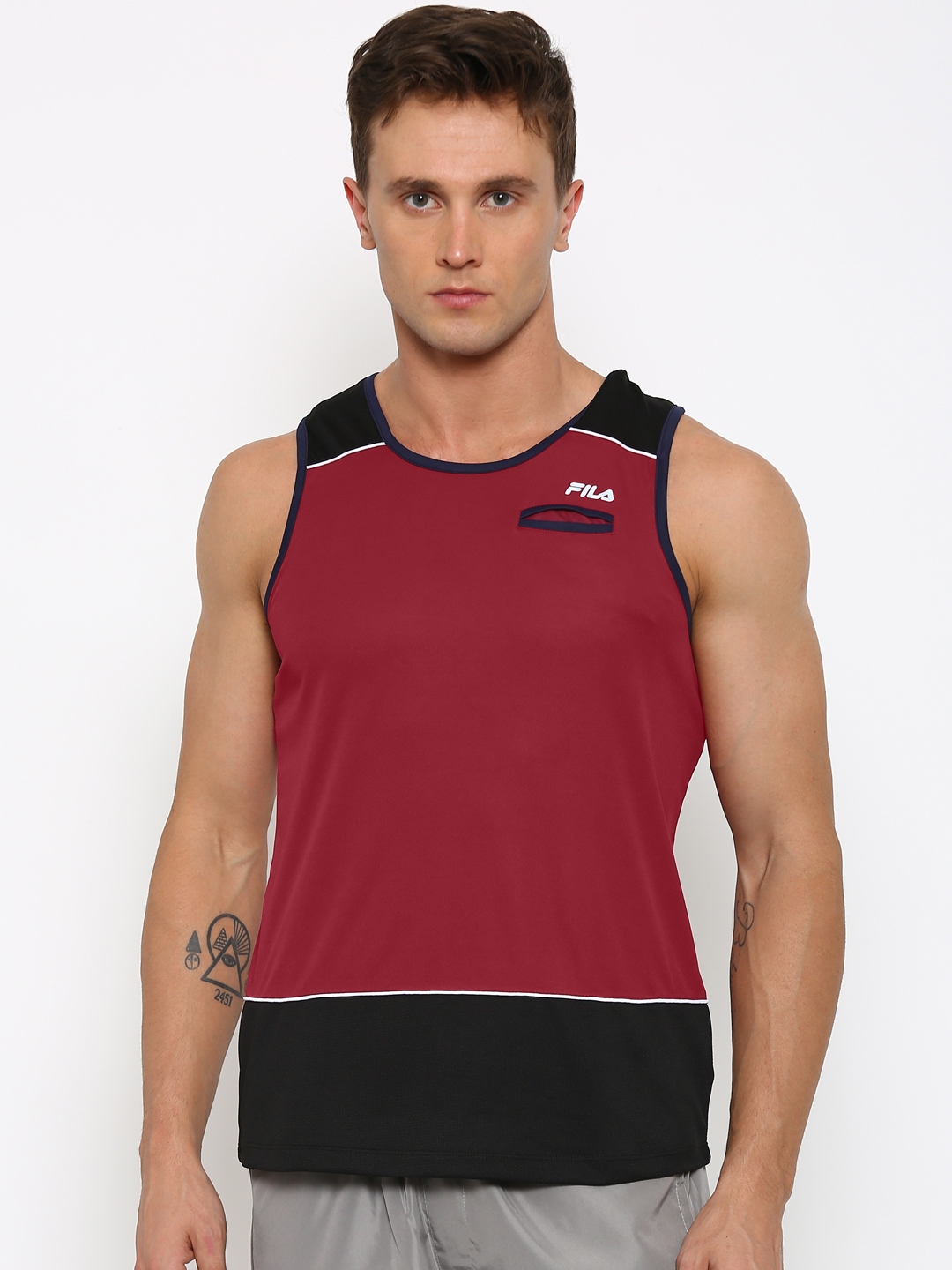Buy FILA Men Maroon & Black Colourblocked Sleeveless Slim T Shirt ...