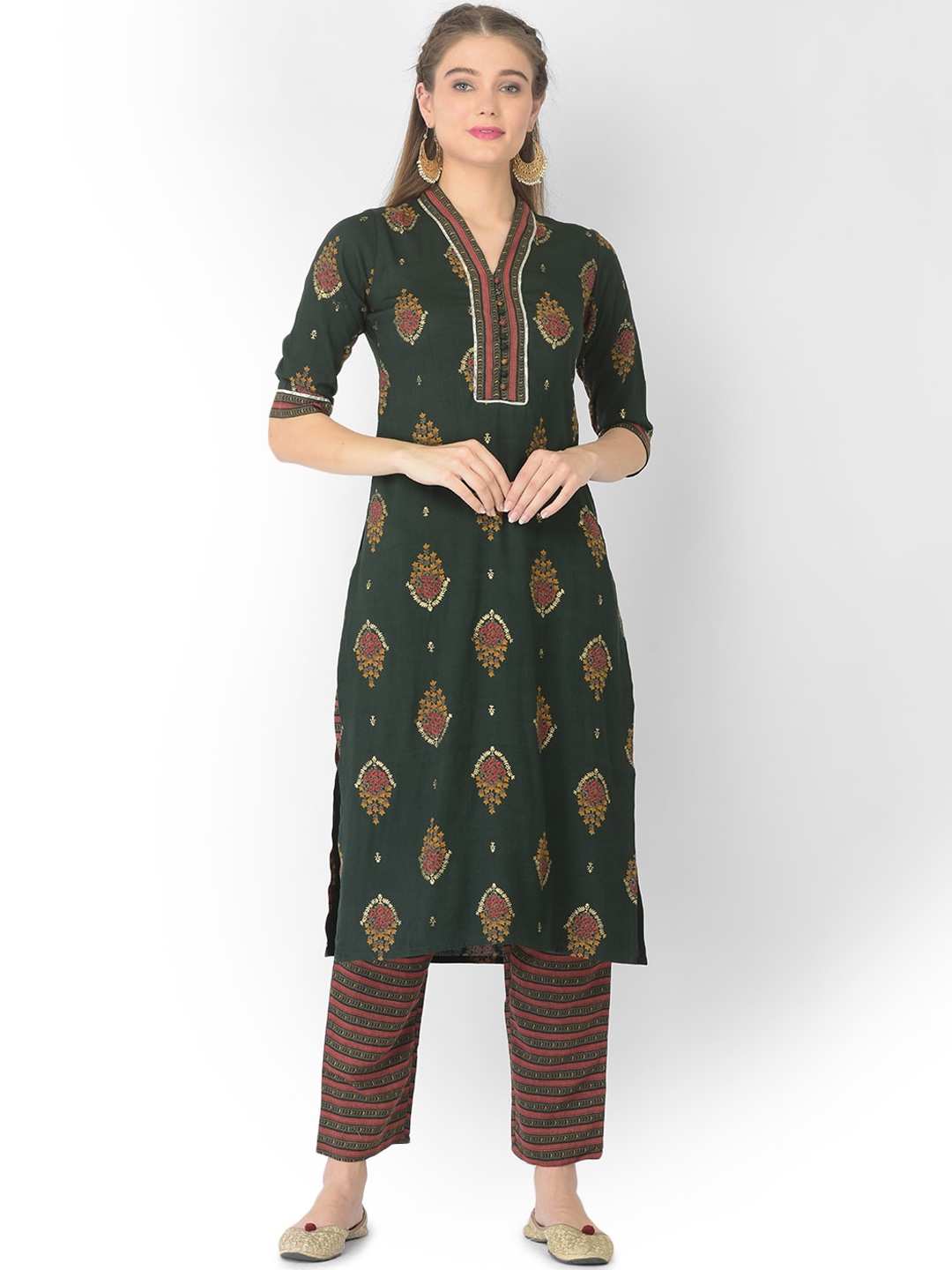 Buy V Tradition Women Green Ethnic Motifs Printed Gotta Patti Kurta