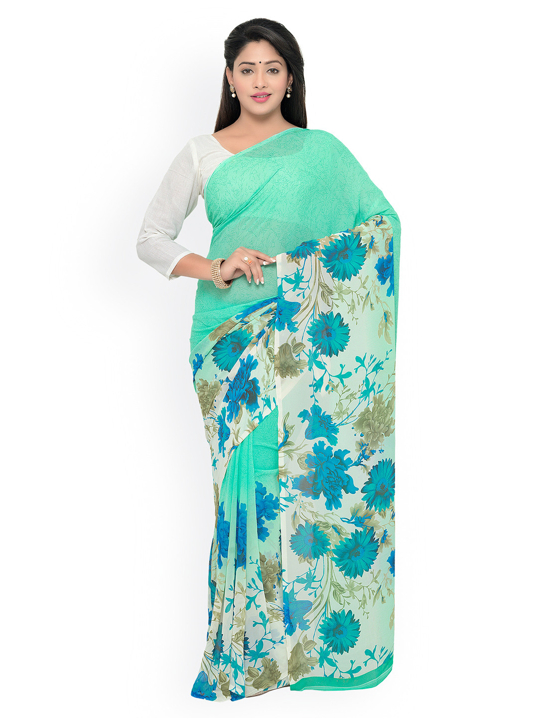 Buy Kvsfab Sea Green Floral Print Saree - Sarees for Women 1782453 | Myntra