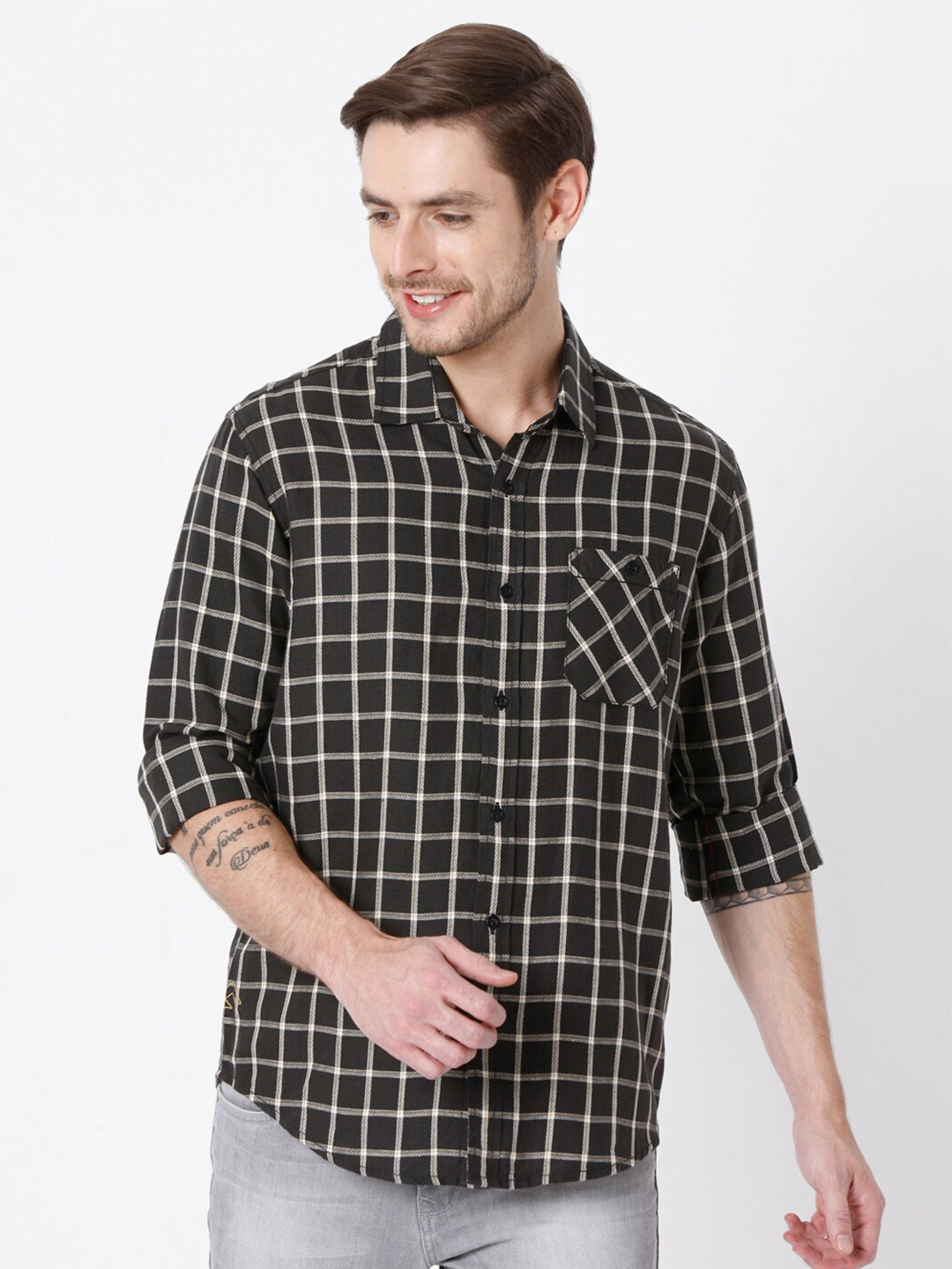 Buy Mufti Men Black Slim Fit Windowpane Checked Cotton Casual Shirt ...