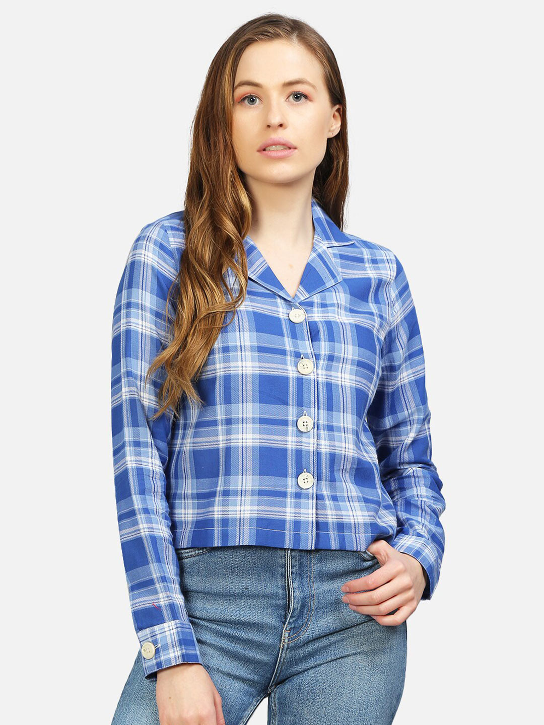 Buy IX IMPRESSION Blue & White Checked Shirt Style Top - Tops for Women ...