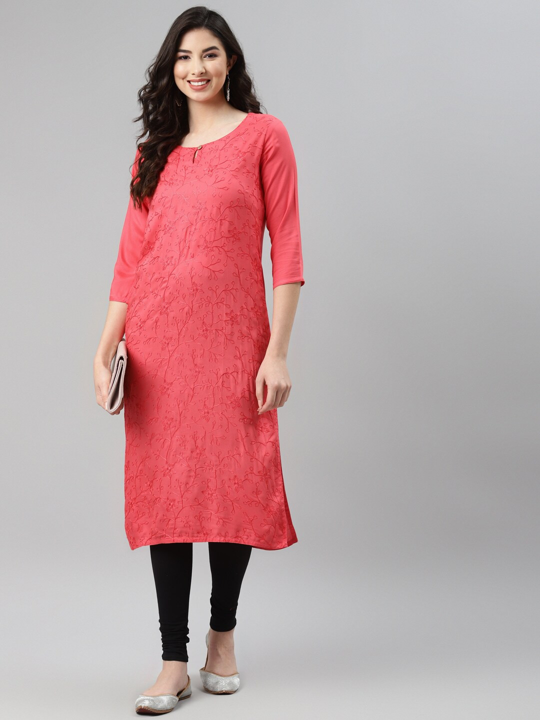 Buy Aarika Women Peach Coloured Floral Embroidered Pure Cotton Kurta ...