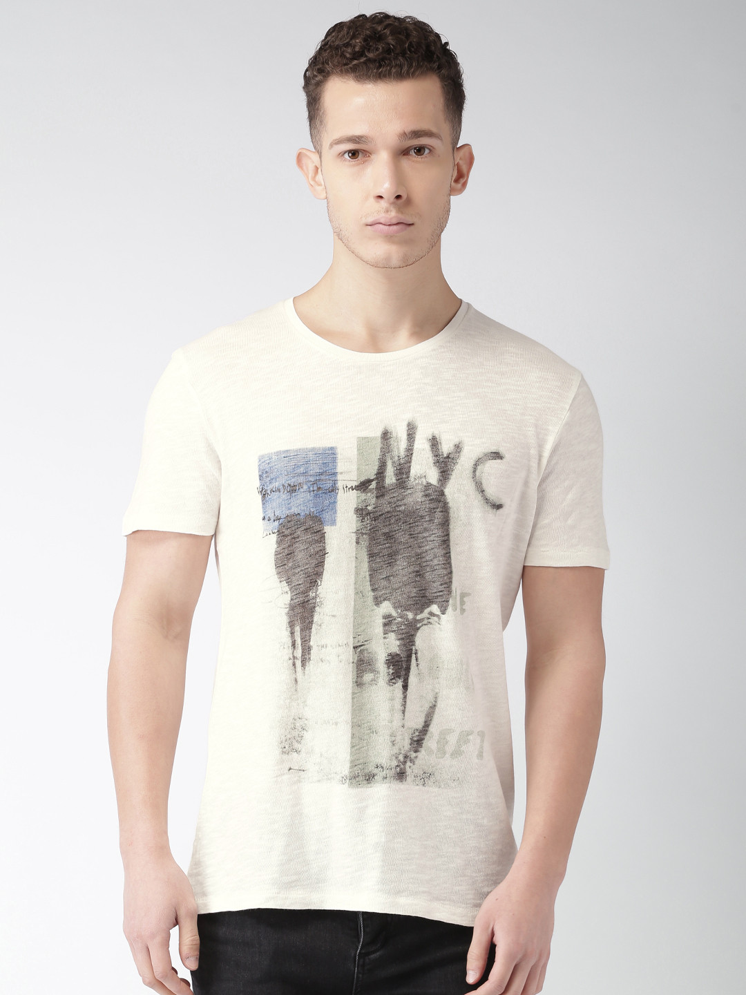 Buy SELECTED Men Cream Coloured Printed Round Neck Pure Cotton T Shirt ...