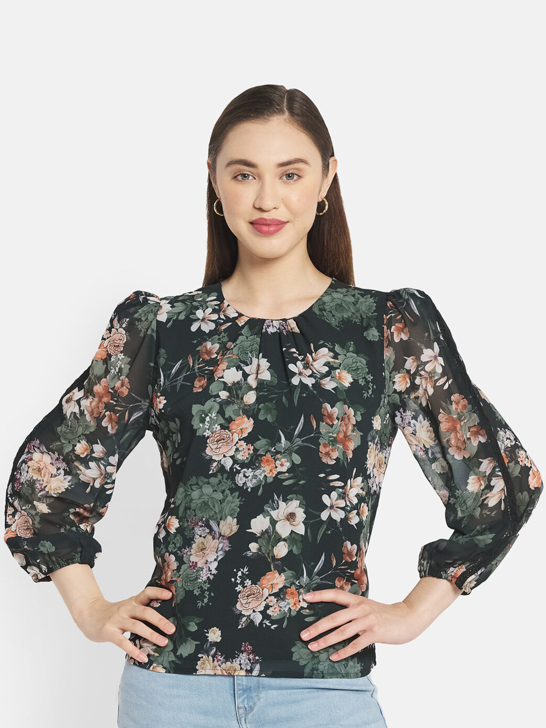Buy METTLE Olive Green & Black Floral Print Knitted Top - Tops for ...