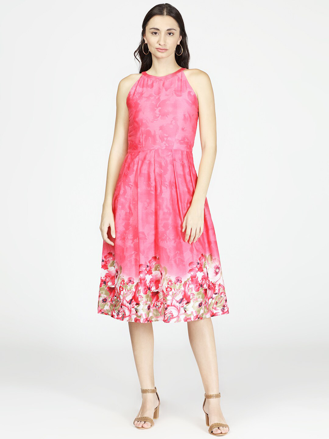 Buy IDK Pink & White Floral Halter Neck Midi Dress - Dresses for Women ...