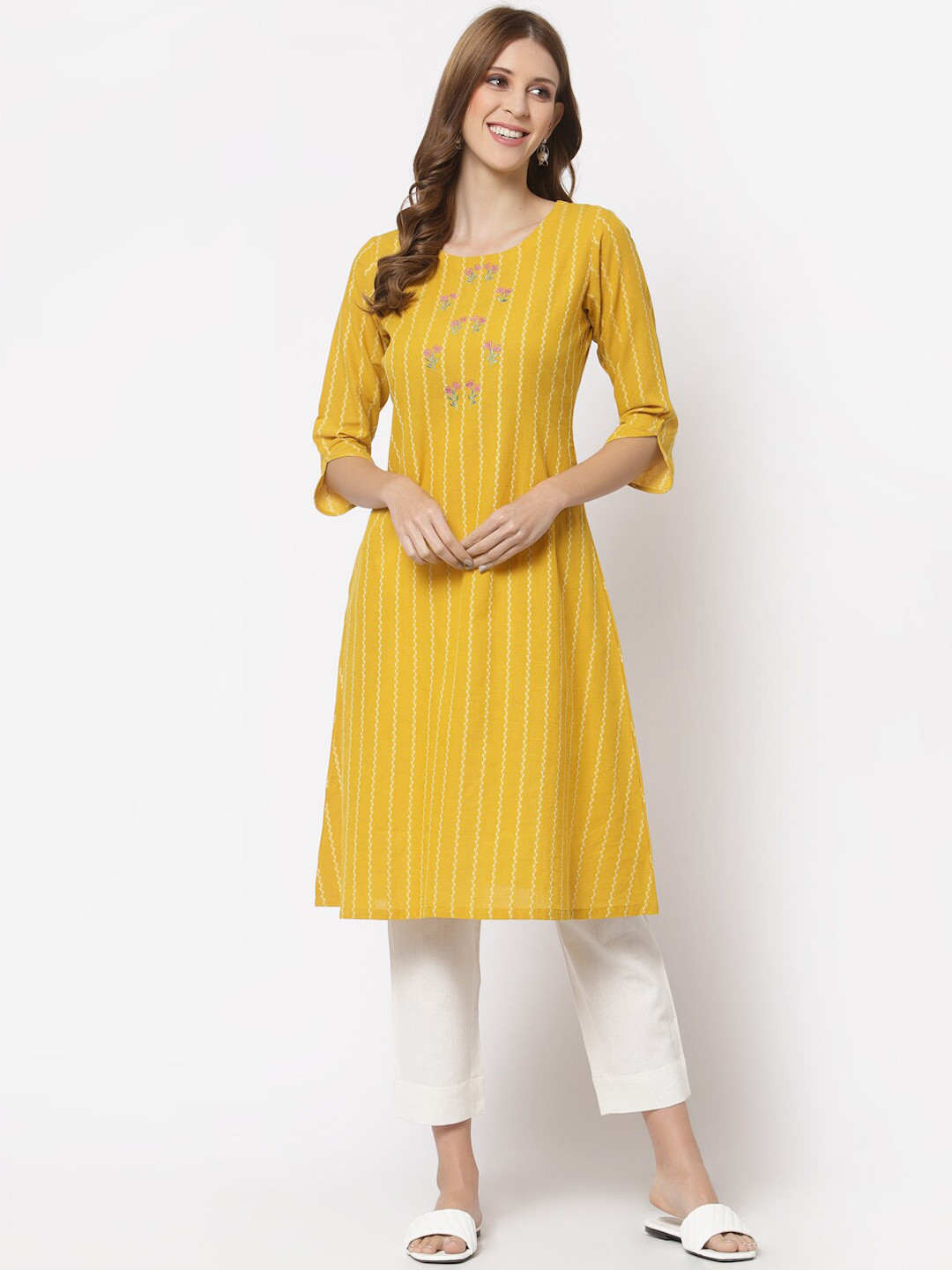 Buy KAMI KUBI Women Yellow Printed Pure Cotton Kurta - Kurtas for Women ...