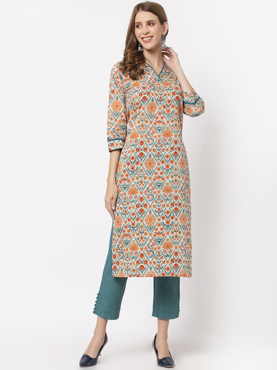 Buy KAMI KUBI Women Beige Floral Printed Kurta - Kurtas for Women ...