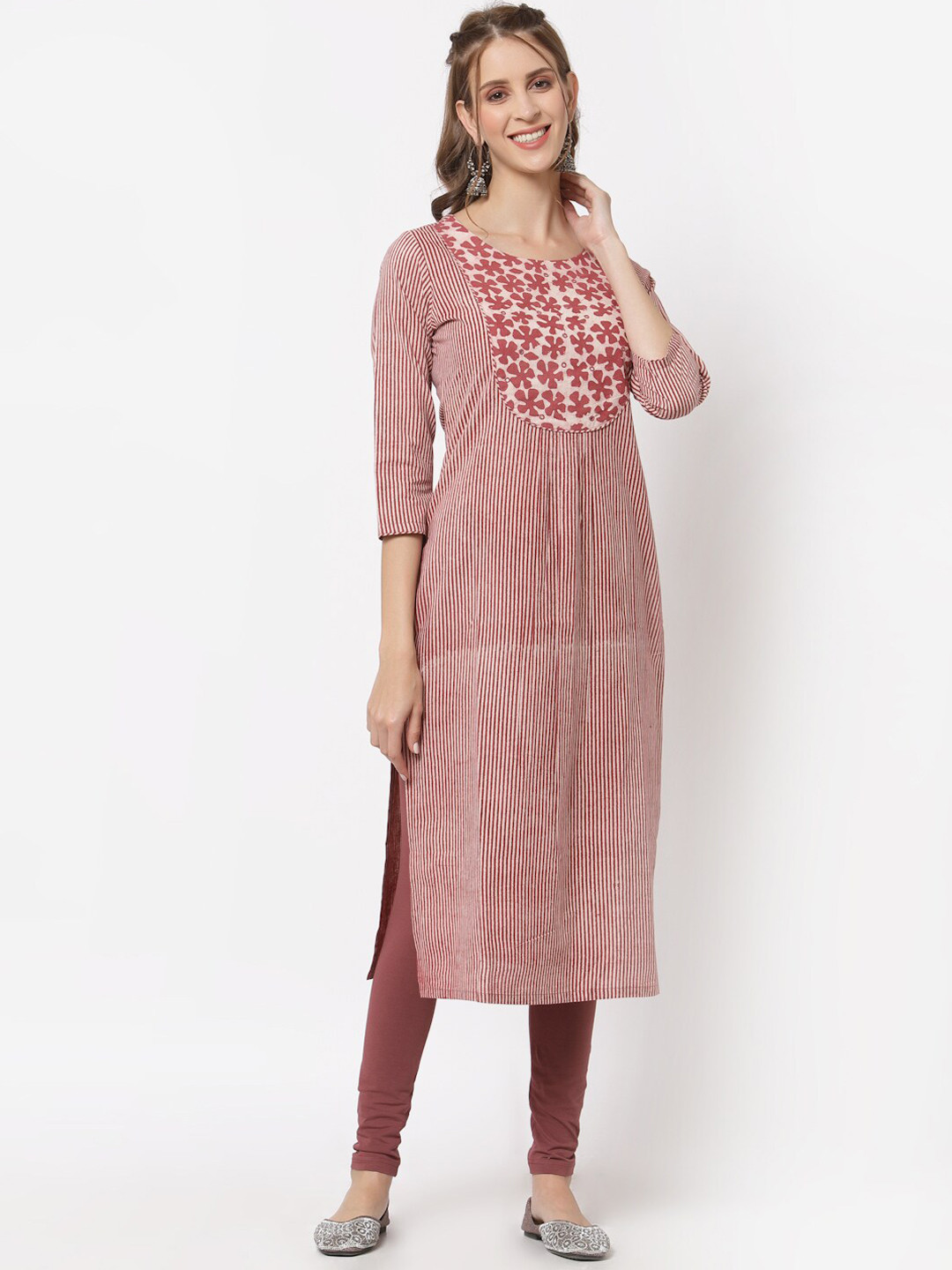 Buy KAMI KUBI Women Maroon Striped Thread Work Kurta - Kurtas for Women ...