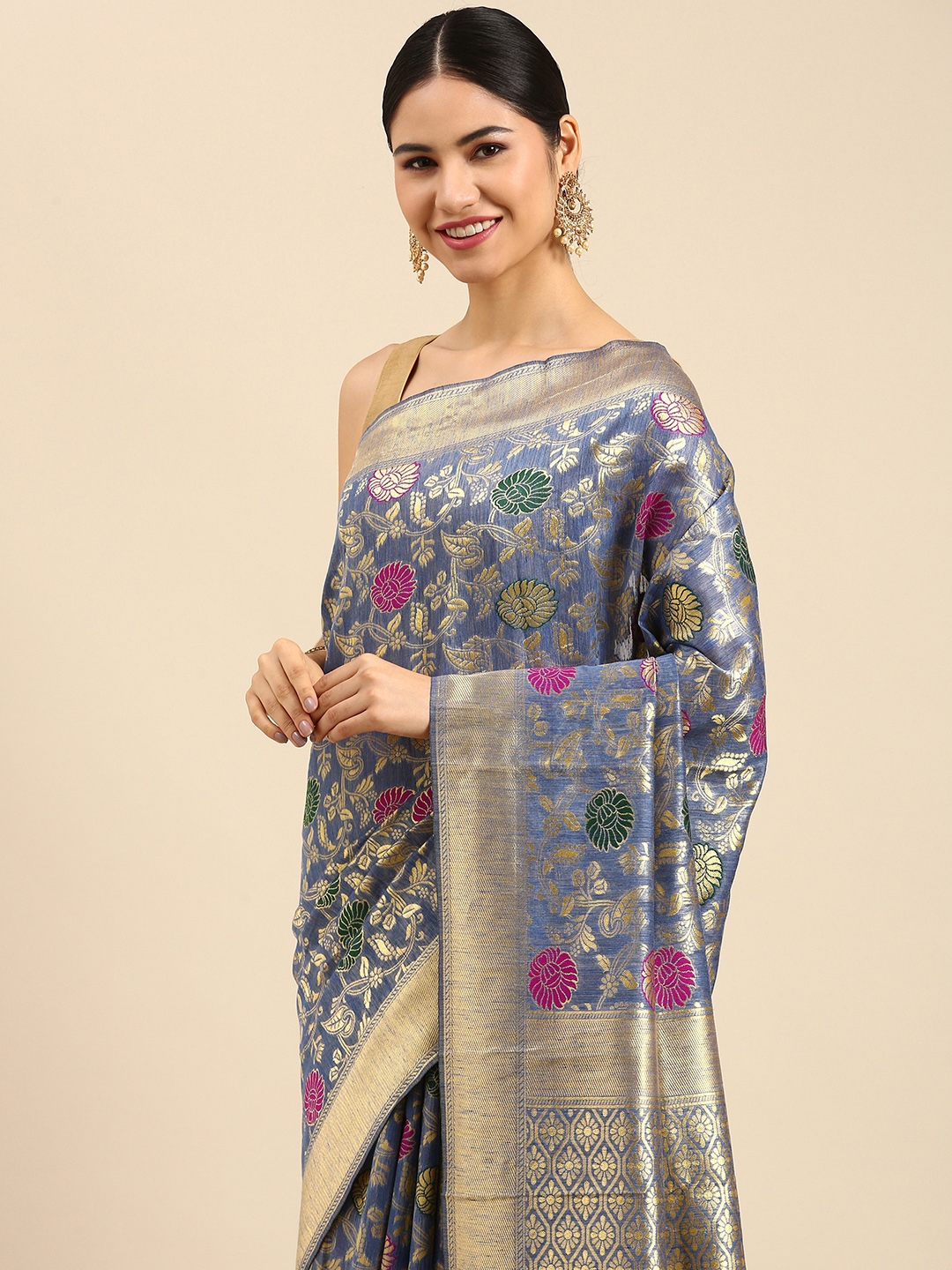 Buy Anouk Blue And Gold Toned Ethnic Motifs Zari Silk Blend Banarasi