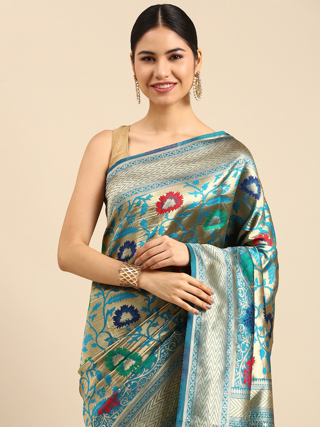 Buy Anouk Blue And Gold Toned Ethnic Motifs Zari Silk Blend Banarasi