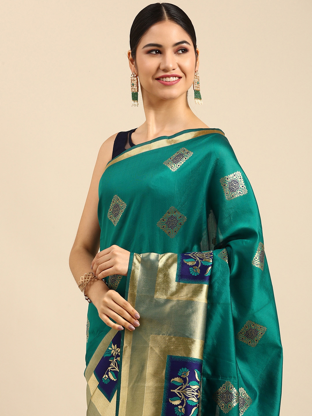Buy Anouk Turquoise Blue And Gold Toned Ethnic Motifs Zari Silk Blend