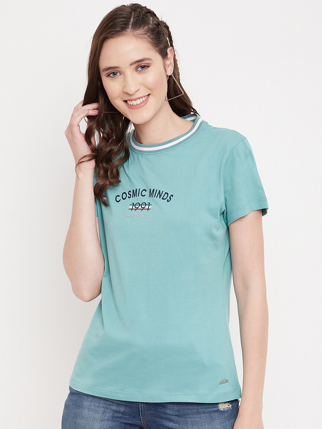 Buy Octave Women Mint Green Typography Printed Pure Cotton T Shirt ...