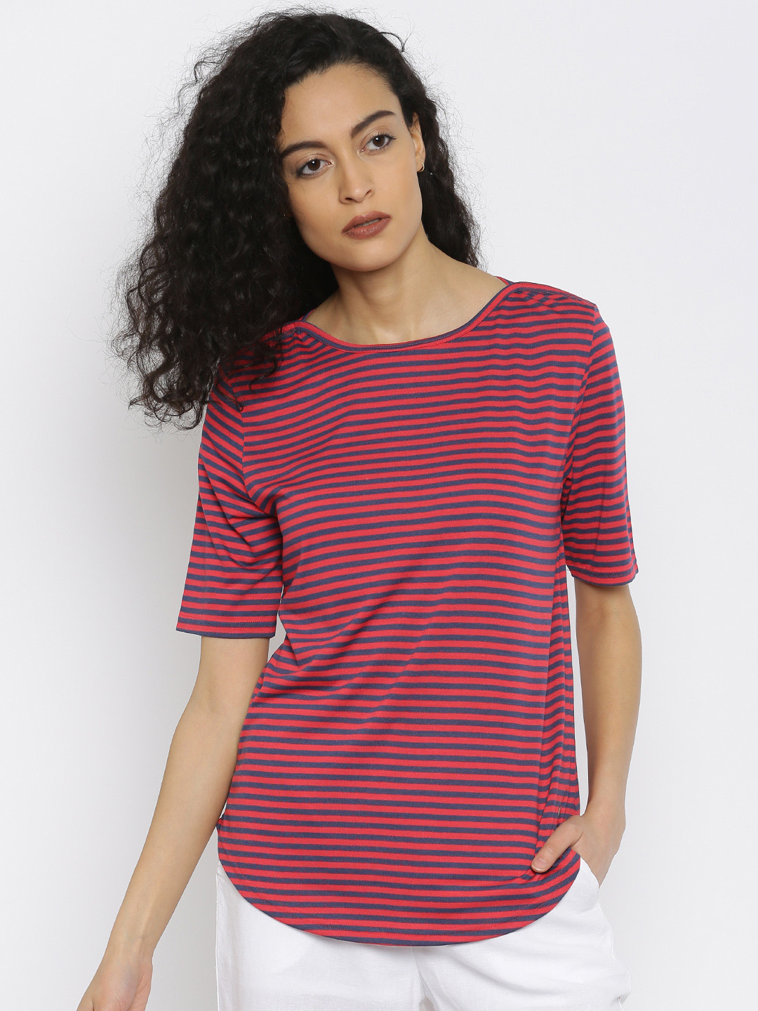 Buy ONLY Women Red Striped Round Neck T Shirt - Tshirts for Women ...