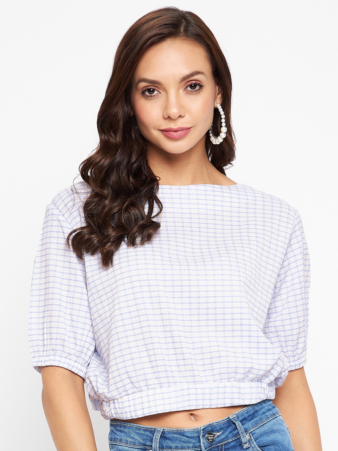 Buy Madame Women Blue & White Checked Crop Top - Tops for Women ...