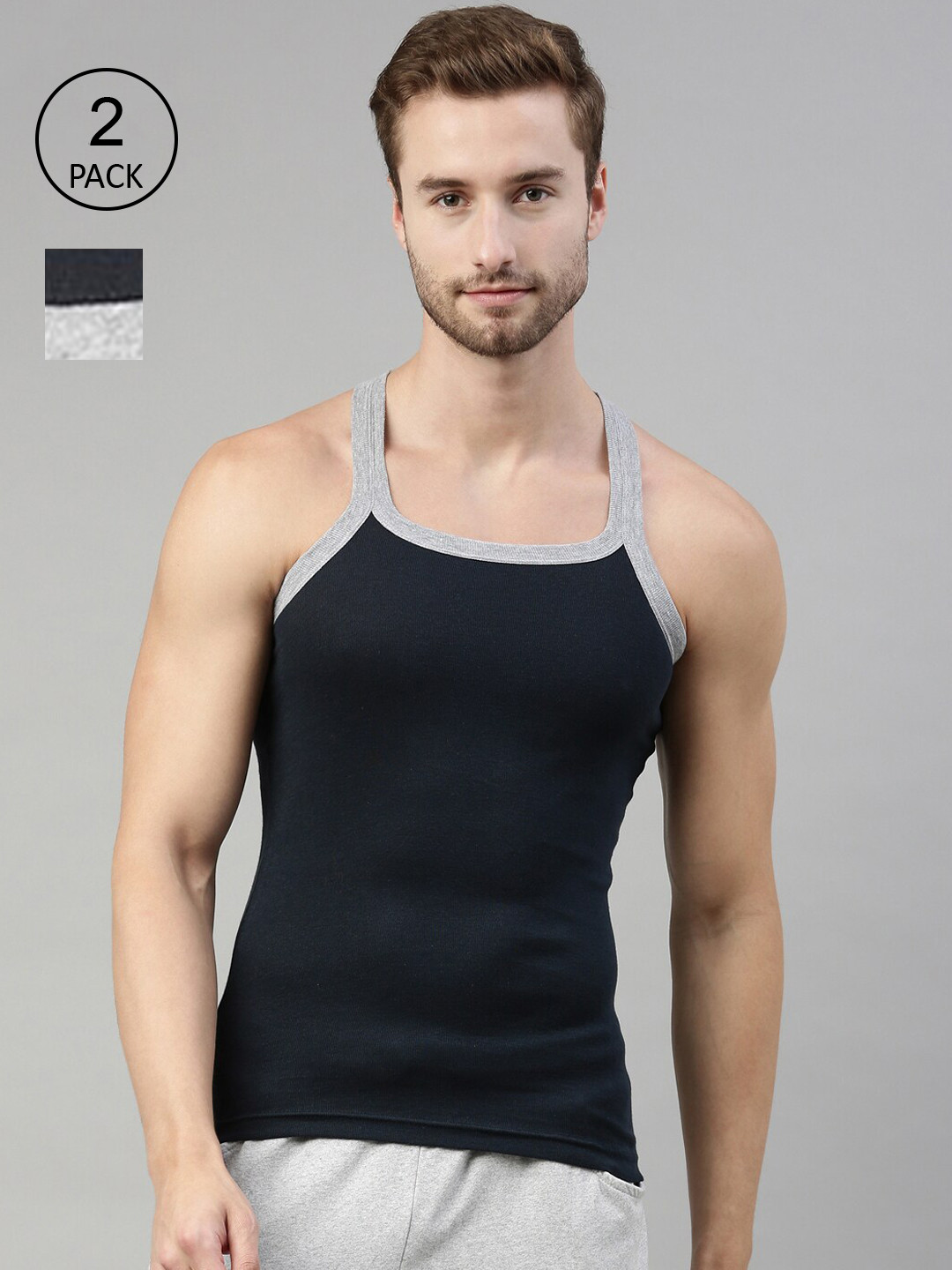 Buy DIXCY SCOTT Men Grey & Navy Blue Solid Cotton Gym Innerwear Vest ...