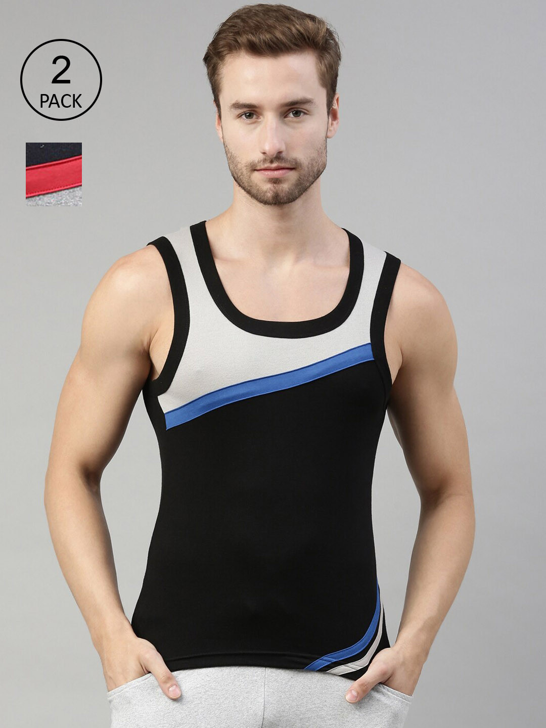 Buy DIXCY SCOTT Men Pack Of 2 Navy Blue & Grey Solid Cotton Gym ...