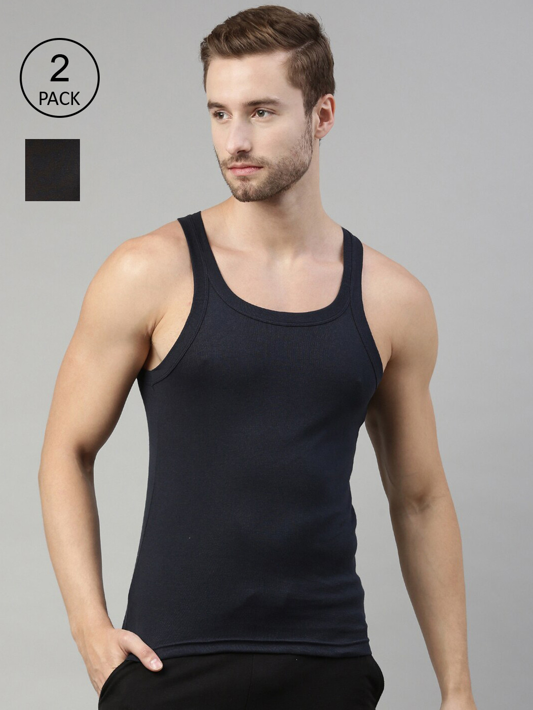 Buy DIXCY SCOTT Men Navy Blue & Black Cotton Innerwear Vests Pack Of 2 ...