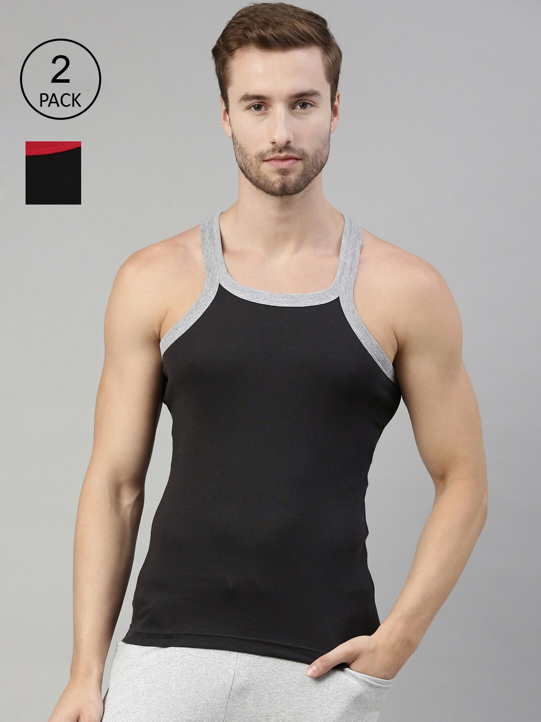 Buy DIXCY SCOTT Men Pack Of 2 Black Solid Cotton Innerwear Gym Vests ...