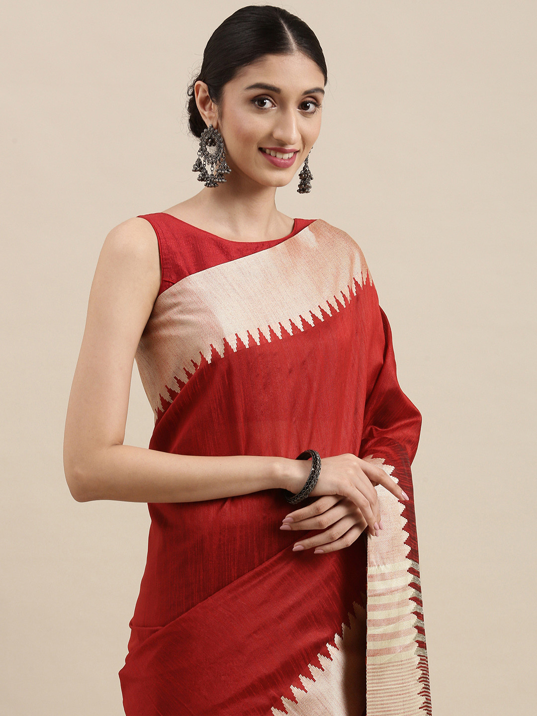Buy Mitera Red & Golden Solid Woven Border Saree - Sarees for Women ...