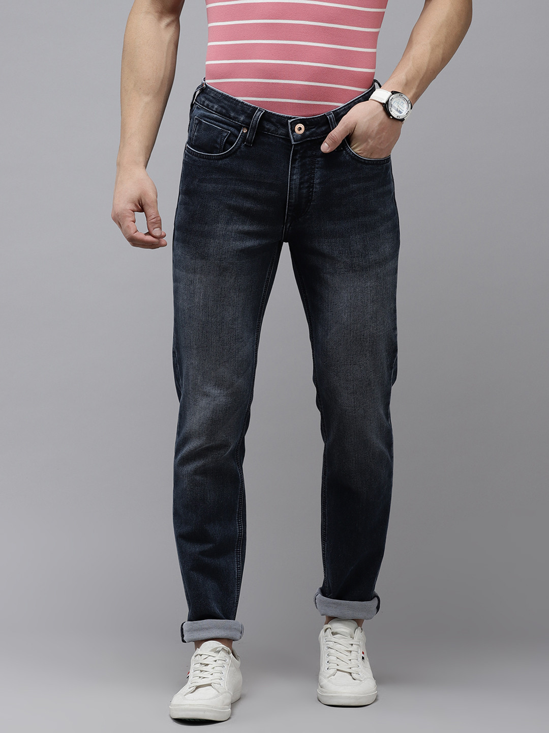 Buy Blackberrys Men Navy Blue Buff Slim Fit Light Fade Stretchable ...