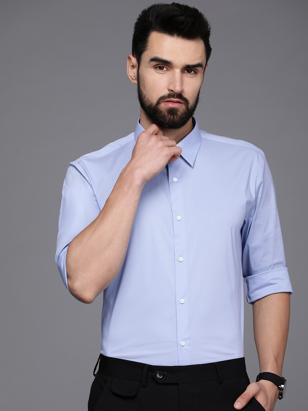 Buy Louis Philippe Ath Work Men Blue Solid Super Slim Fit Semiformal ...