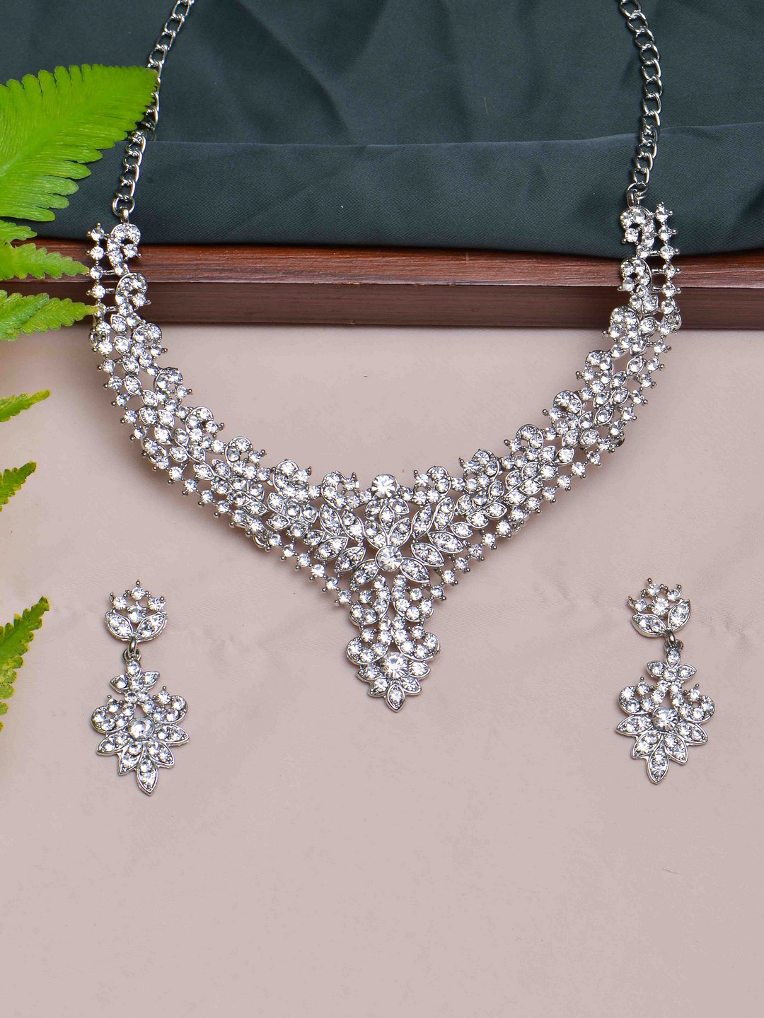 Buy POPLINS Silver Toned & White Stone Studded Jewellery Set ...