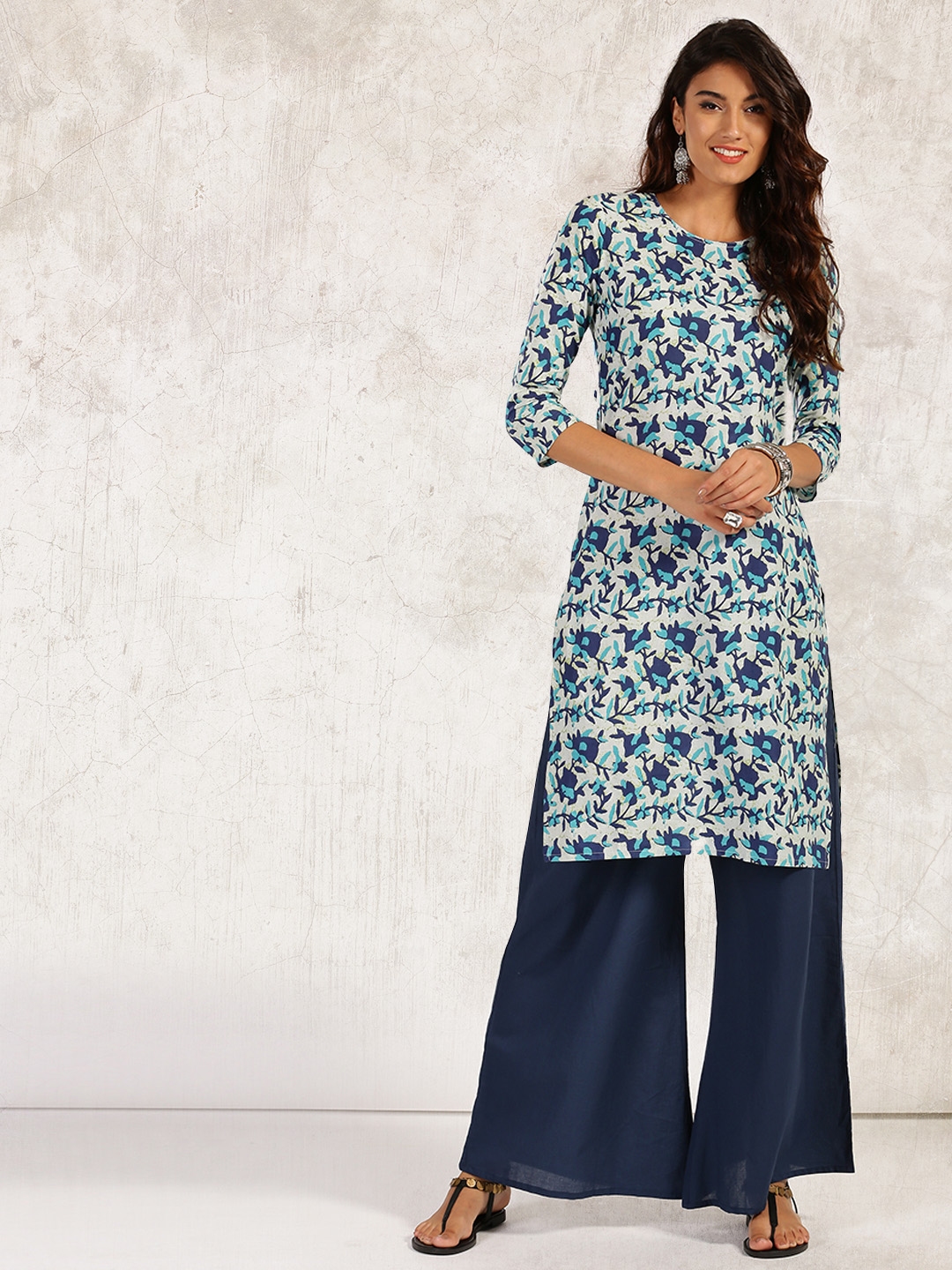 Buy Anouk Women White And Blue Printed Straight Kurta Kurtas For Women
