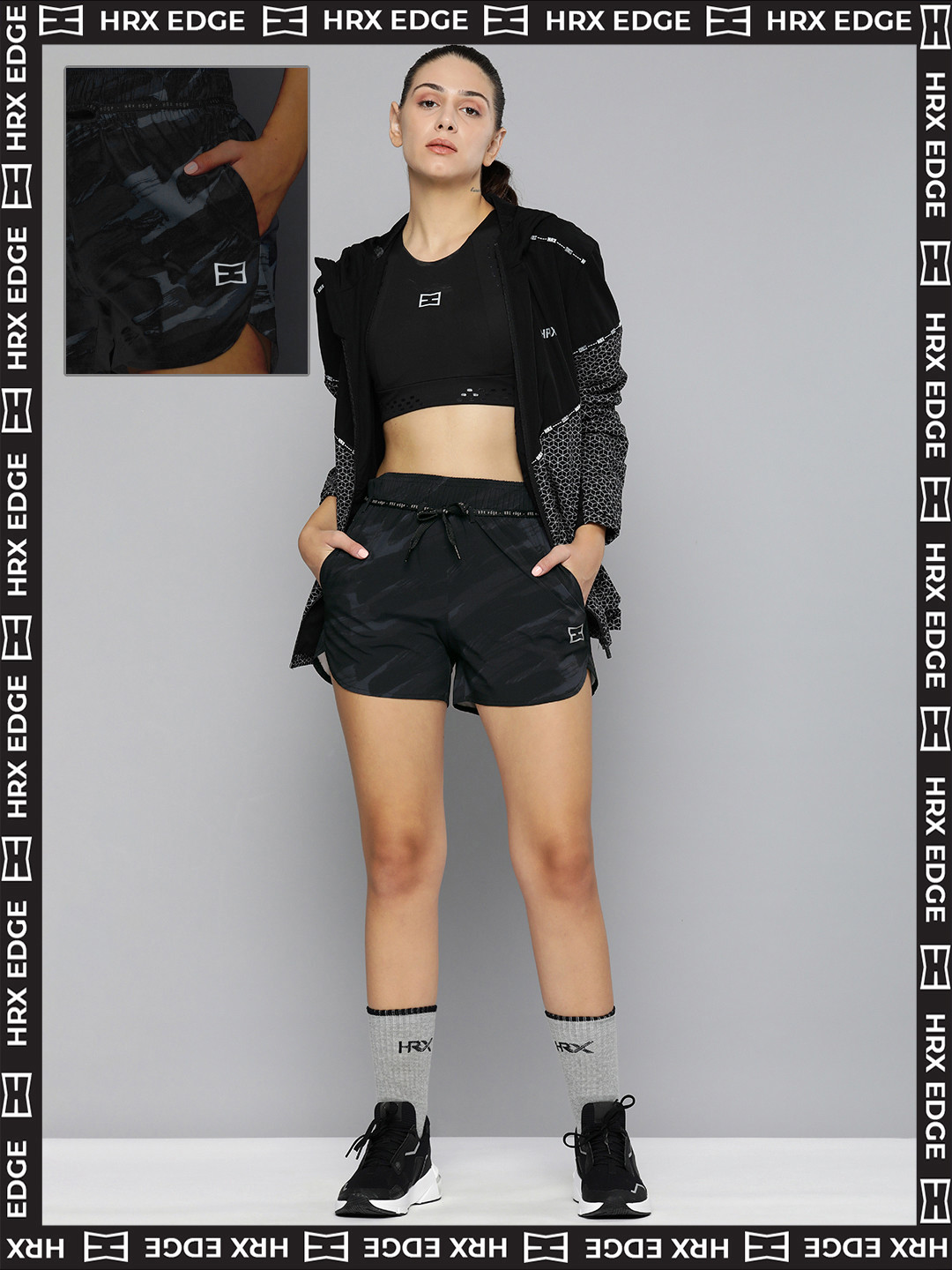 Buy HRX By Hrithik Roshan Women Black Rapid Dry AOP EDGE Sports Shorts ...