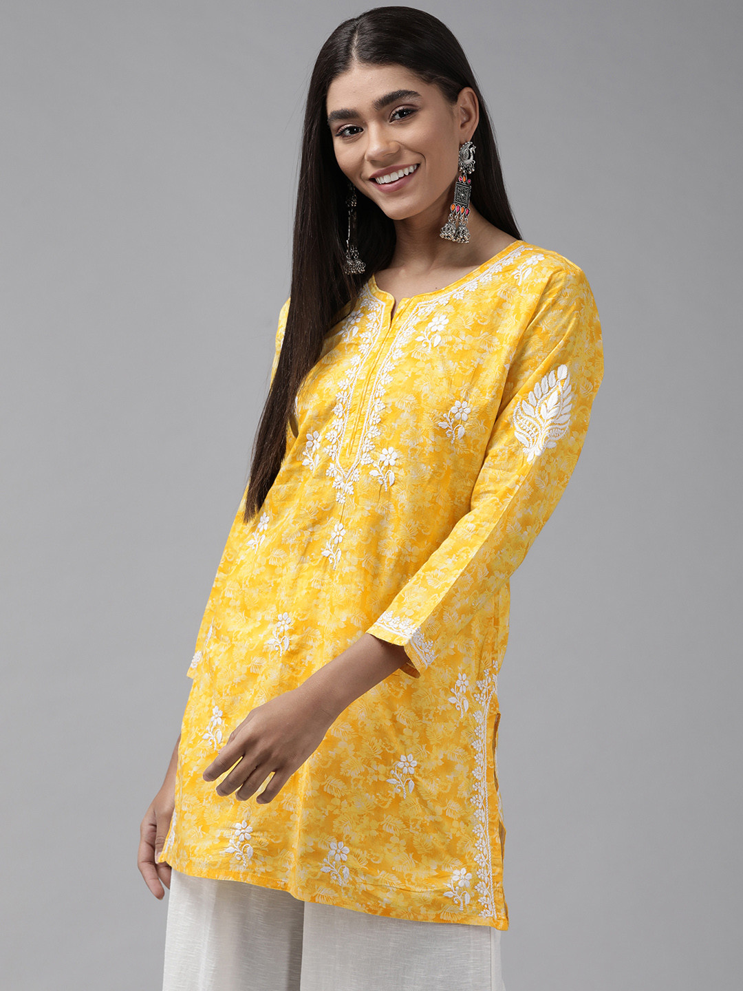 Buy ADA Yellow & White Ethnic Motifs Embroidered Chikankari Handloom ...