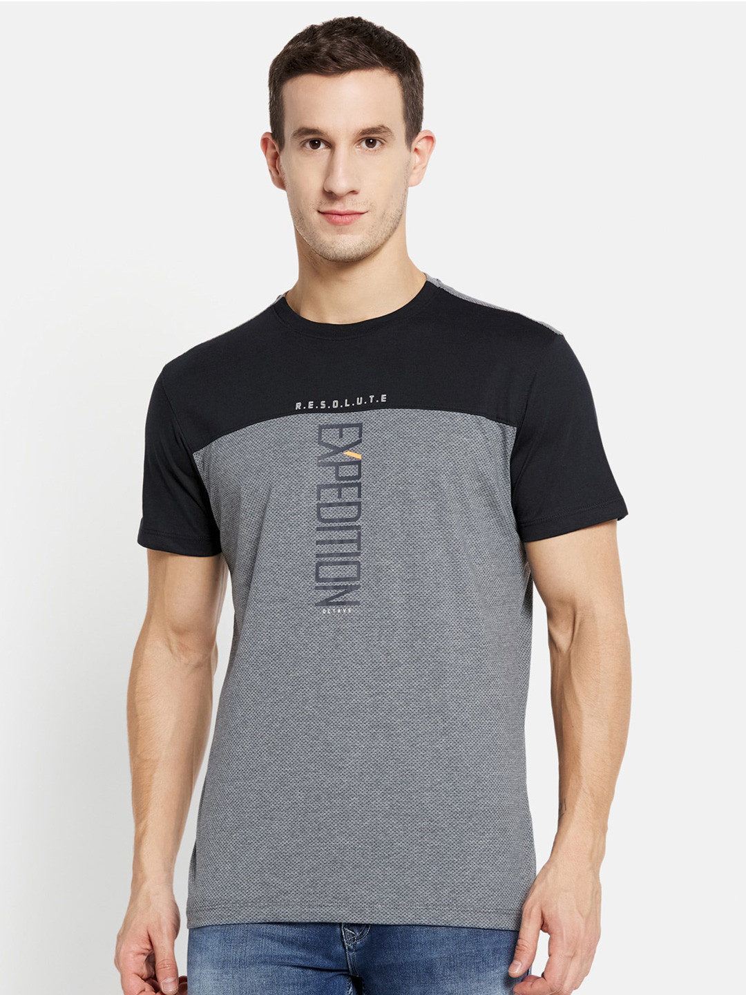Buy Octave Men Grey & Navy Blue Colourblocked Cotton T Shirt - Tshirts ...