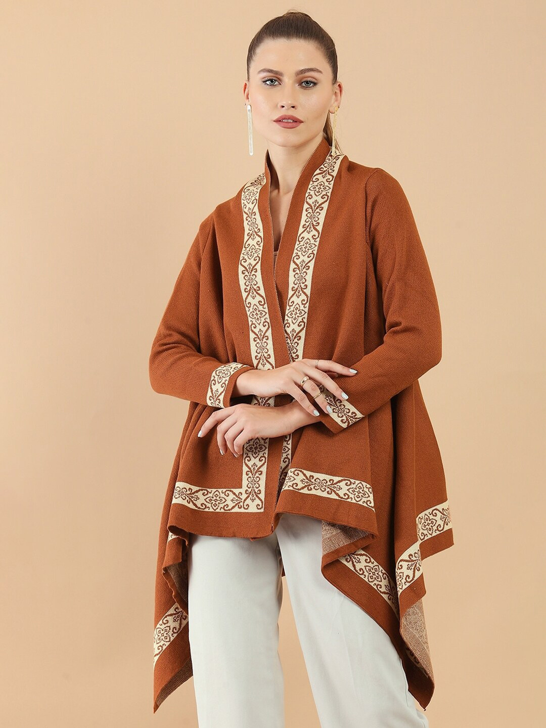 Buy Soch Women Rust & Beige Woven Design Open Front Viscose Shrug ...
