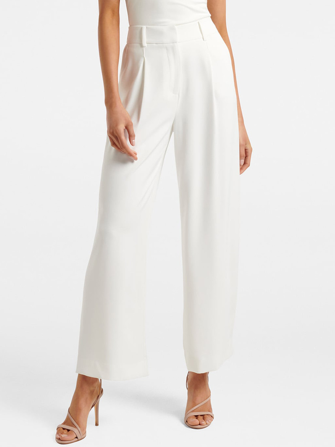 Buy Forever New Women White High Rise Pleated Trousers - Trousers for ...