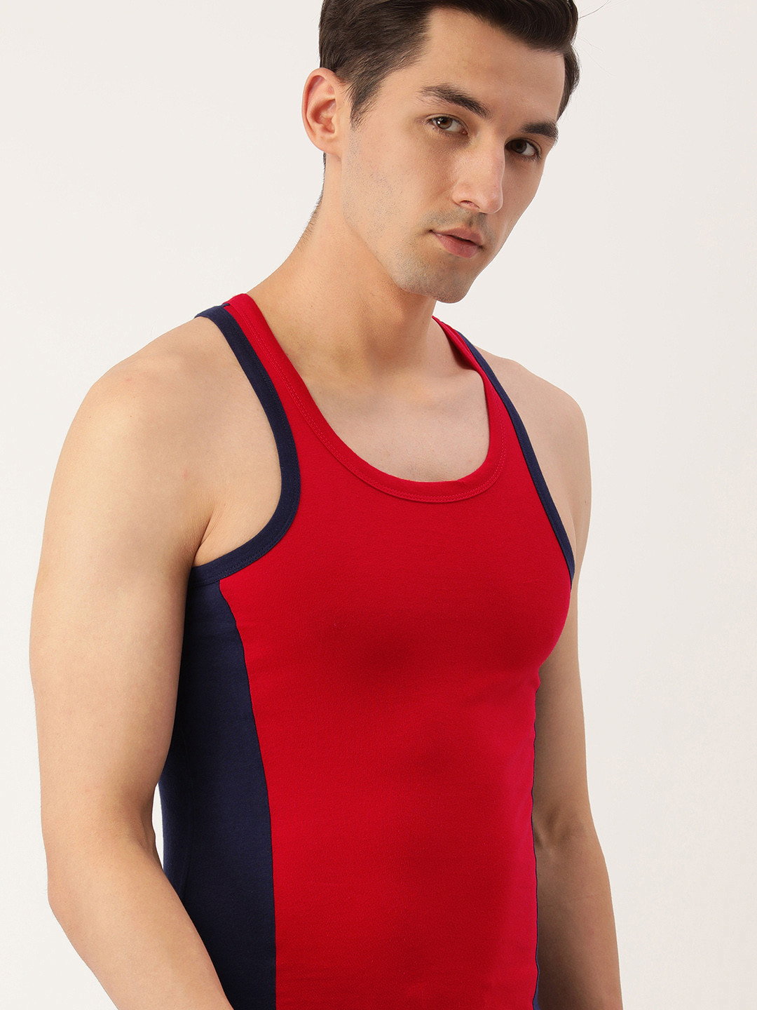 Buy Chromozome Men Red & Navy Blue Colourblocked Cotton Innerwear Vest ...