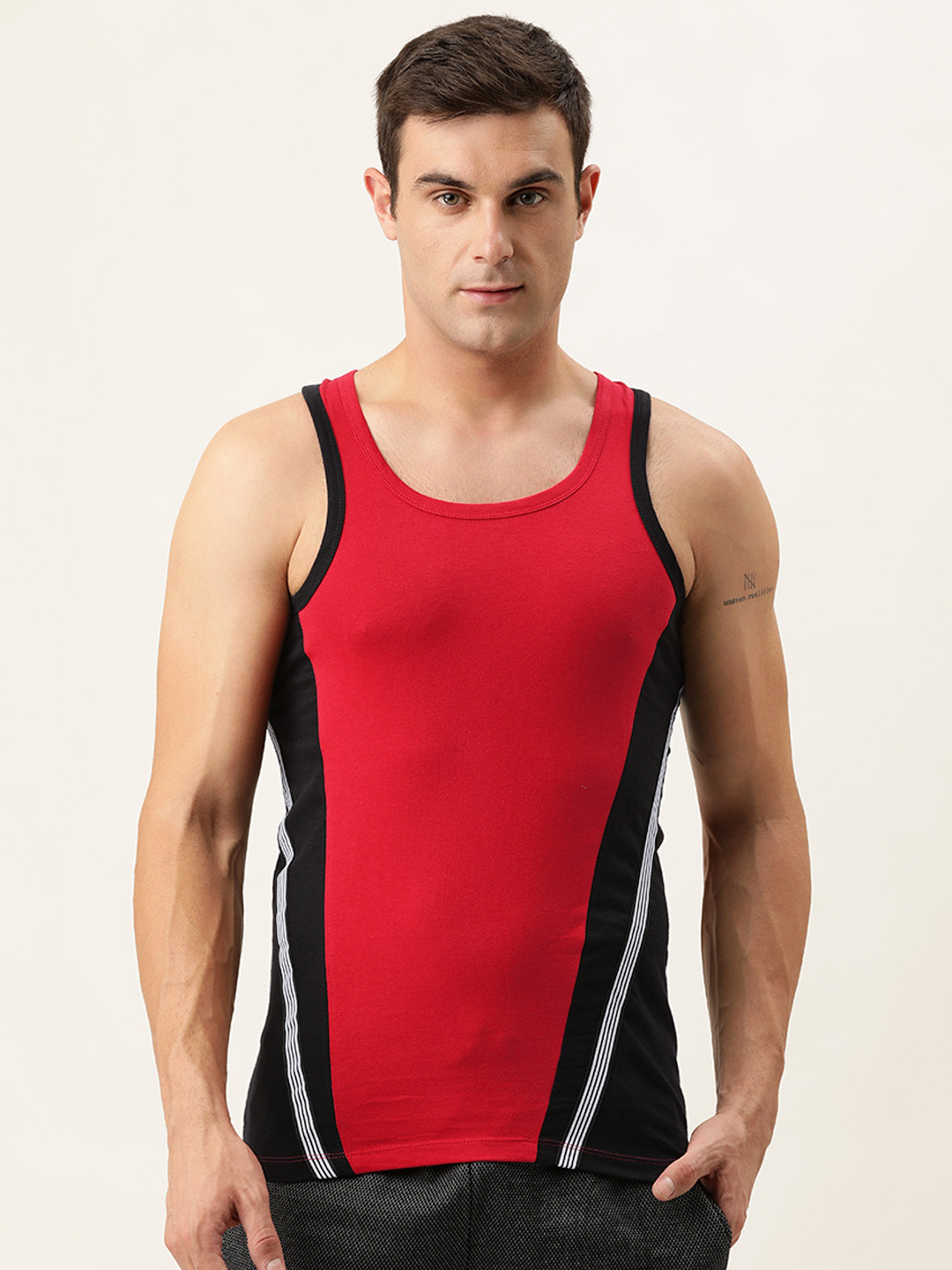 Buy Chromozome Men Red & Black Colourblocked Cotton Innerwear Vest ...