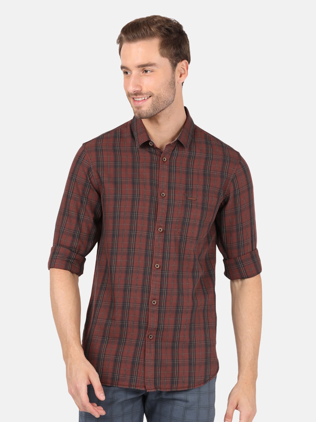 Buy Crocodile Men Brown Classic Slim Fit Tartan Checks Checked Cotton