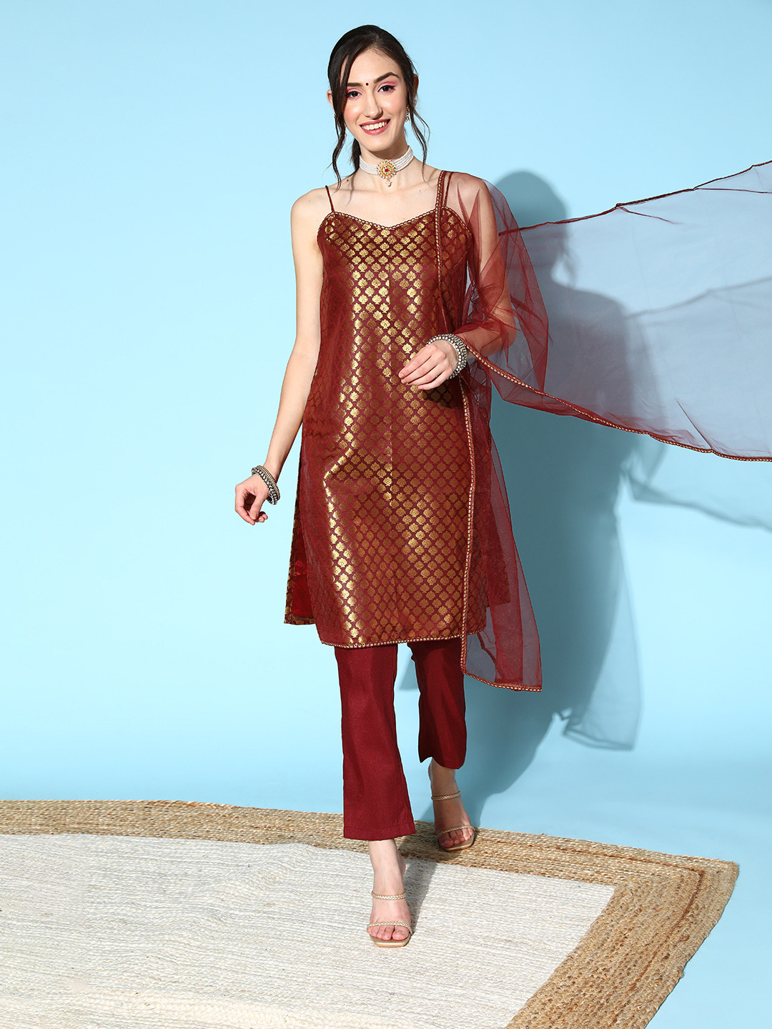Buy Inddus Women Woven Design Silk Blend Ethereal Embroidery Kurta Set ...
