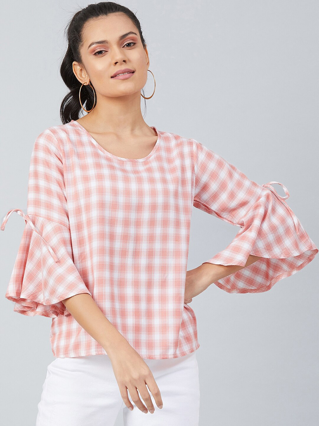 Buy CHIMPAAANZEE Women Pink & White Checked Top - Tops for Women ...