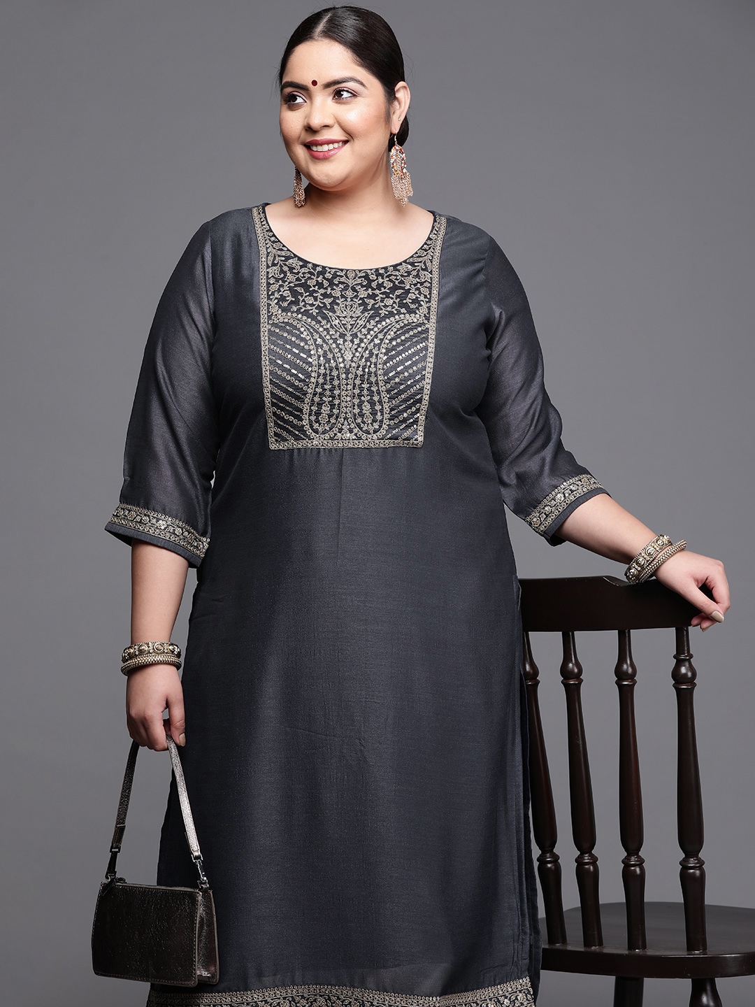 Buy Extra Love By Libas Women Plus Size Navy Blue And Golden Yoke Design