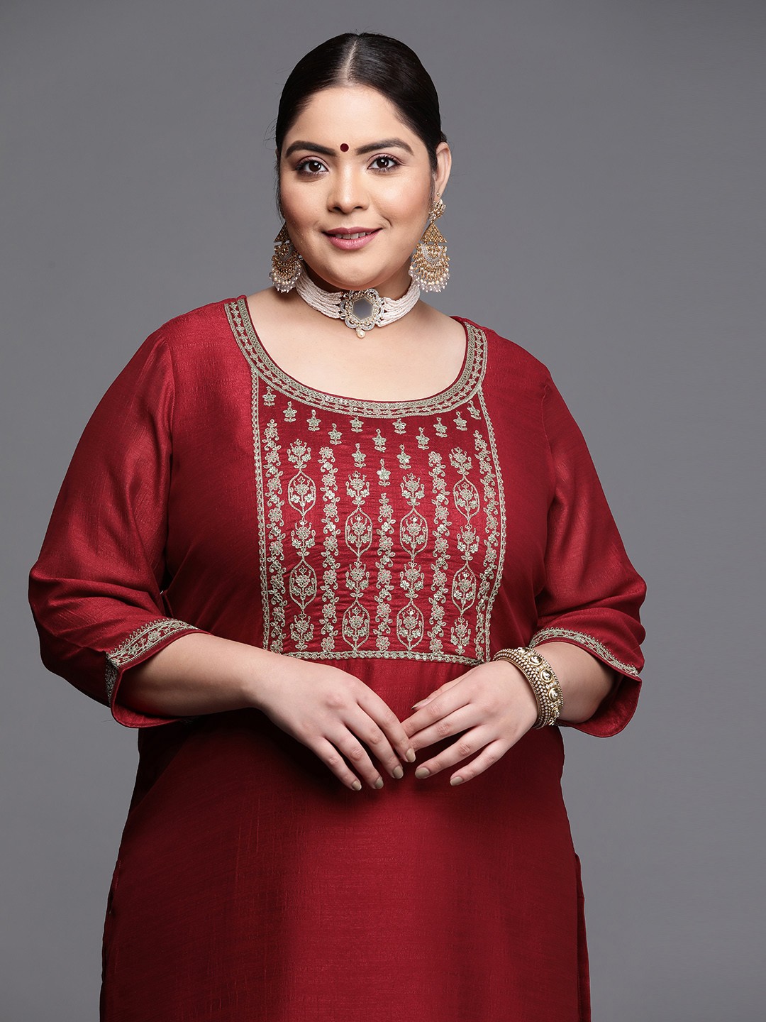 Buy Extra Love By Libas Women Maroon Yoke Design Floral Plus Size Kurta