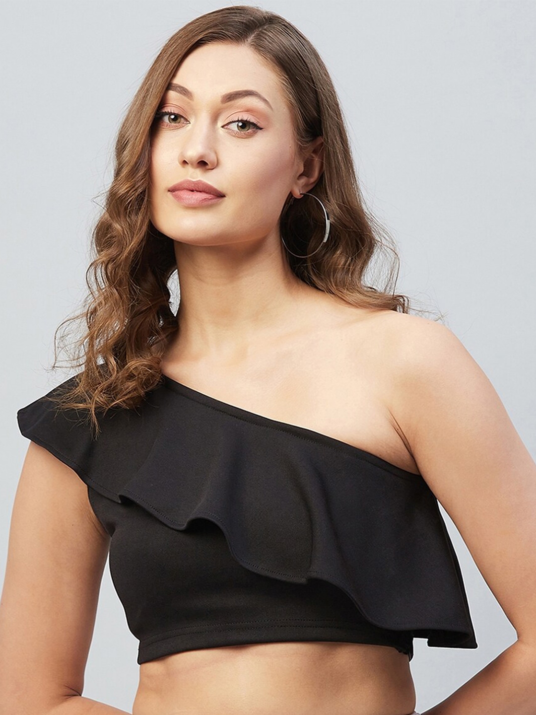 Buy Chimpaaanzee Black One Shoulder Ruffles Crop Top Tops For Women